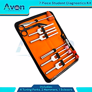 7pcs Student Diagnostics Kit with Taylor and Buck Reflex Hammers, 5.5" Bandage Scissors, Tuning Forks 128 Hz, 256 Hz, 512 Hz, 1024 Hz - Essential Bundle + Storage Case