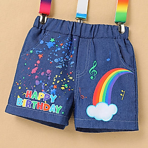 IMEKIS Watermelon 1st Birthday Outfit Baby Boy Cake Smash Romper Blue Denim Bloomers Jeans Shorts Rainbow Suspenders Photoshoot Toddler Summer Melon First Birthday Glow Party Supplies One 1 Year