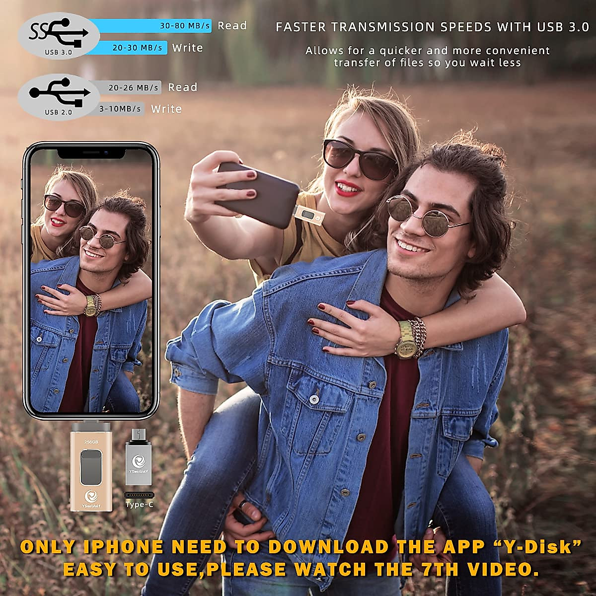 USB Flash Drive 256GB 3.0 USB Flash Drive Type c Flash Drive YSeaWolf photostick Mobile for USB External Storage, Type c, Android, PC USB Picture Stick USB Memory Stick for Phone Gold