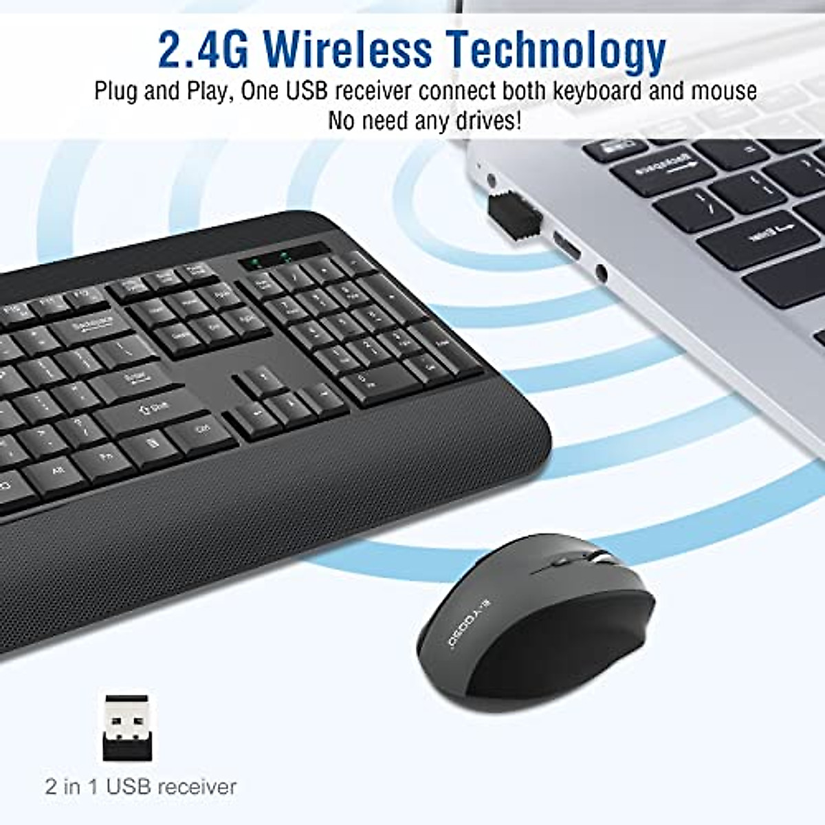 Wireless Keyboard and Mouse Combo, E-YOOSO 18 Months Battery Life Cordless Keyboard, 2.4G Full-Sized Ergonomic Keyboard with Wrist Rest, 3-Level DPI Mouse, Black Quiet Keyboard for Computer, Mac, PC