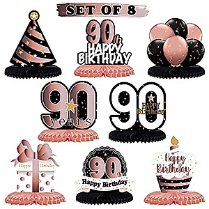 LINGTEER Happy 90th Birthday Rose Gold Table Honeycomb Centerpieces Cheers to 90th Birthday Ninety Years Old Party Table Decorations Gift Sign.