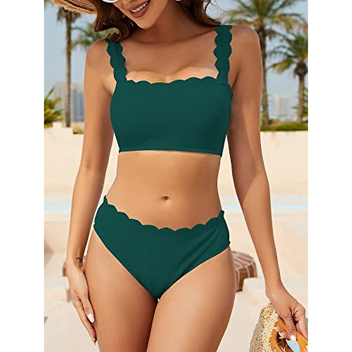 ZAFUL Scalloped Swimsuits for Women High Waisted Bikini Sets Padded Tummy Control 2 Piece Swimwear 7-Deep Green M