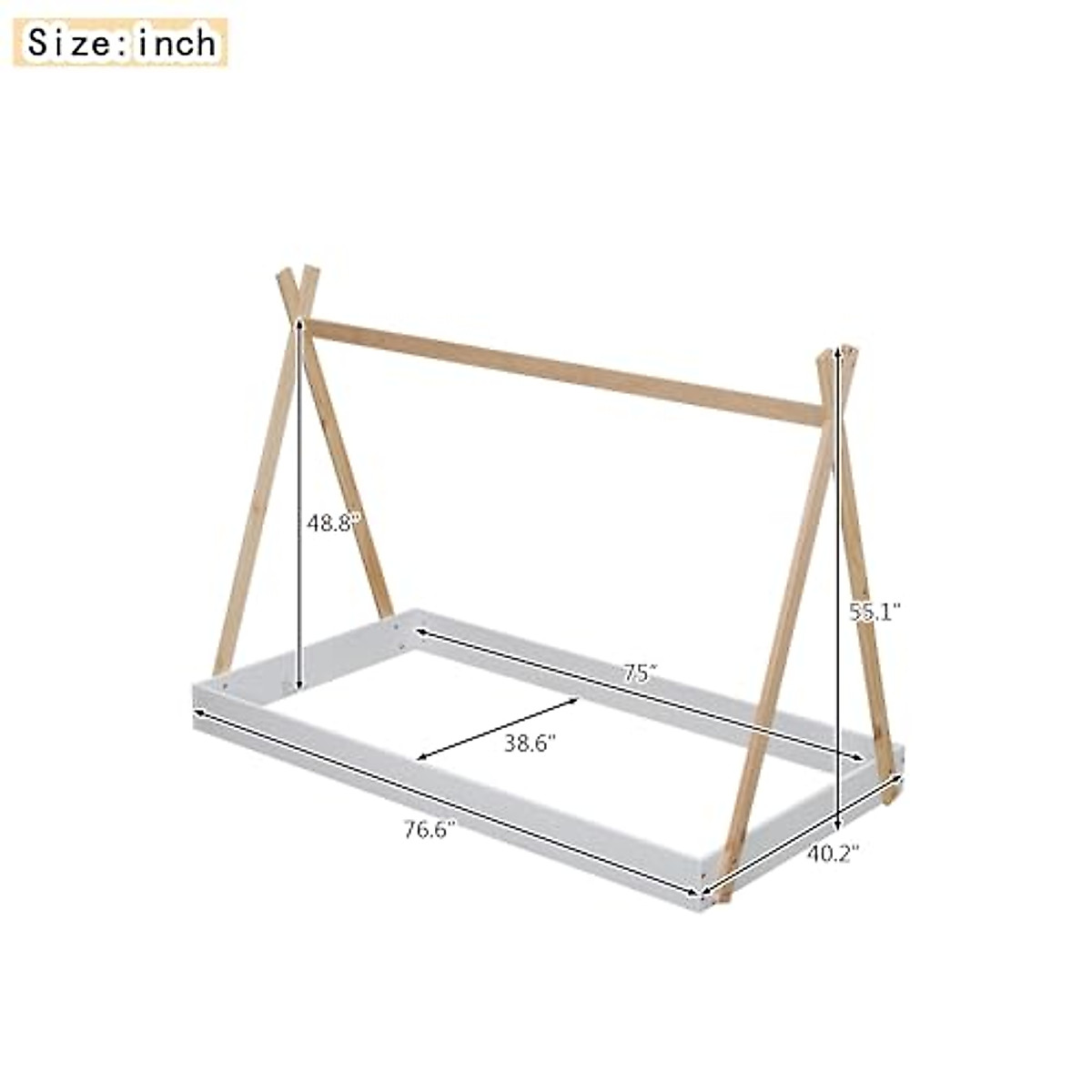 CABSETT Teepee Bed Frame for Kids, Twin Size Tent Floor Bed with Triangle Structure, Floor Platform Bed with X-Shaped Safety Railings, White+Natural