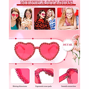 TOODOO 2 Pairs Rhinestone Heart Sunglasses Red Heart Shape Rimless Sunglasses for Women Transparent Heart Glasses (Pink, Rose Red)