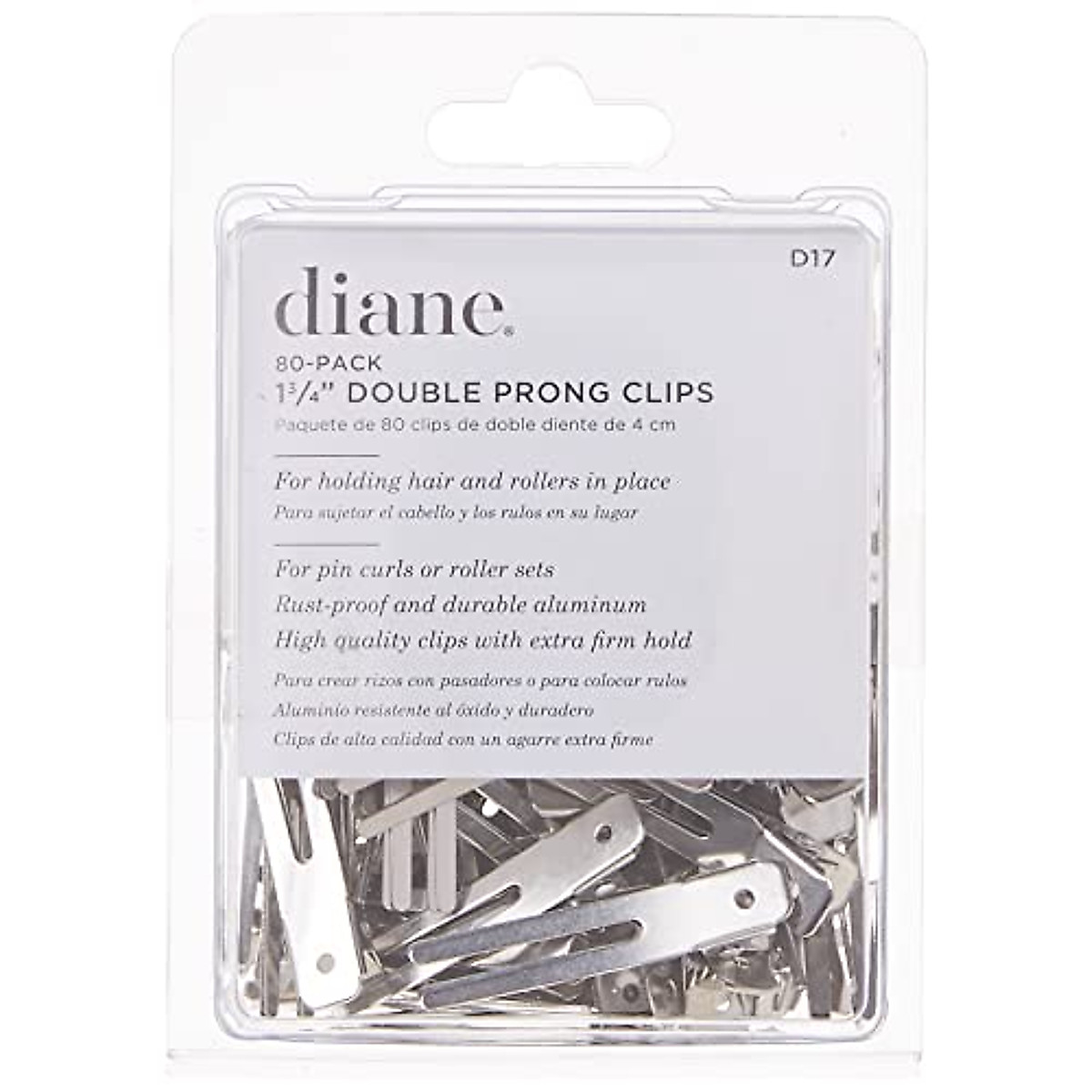 Diane Double Prong Hair Clips for Women, Girls For Holding Rollers or Hair 1.75 Inches Long Silver D17, 80 Count (Pack of 1)