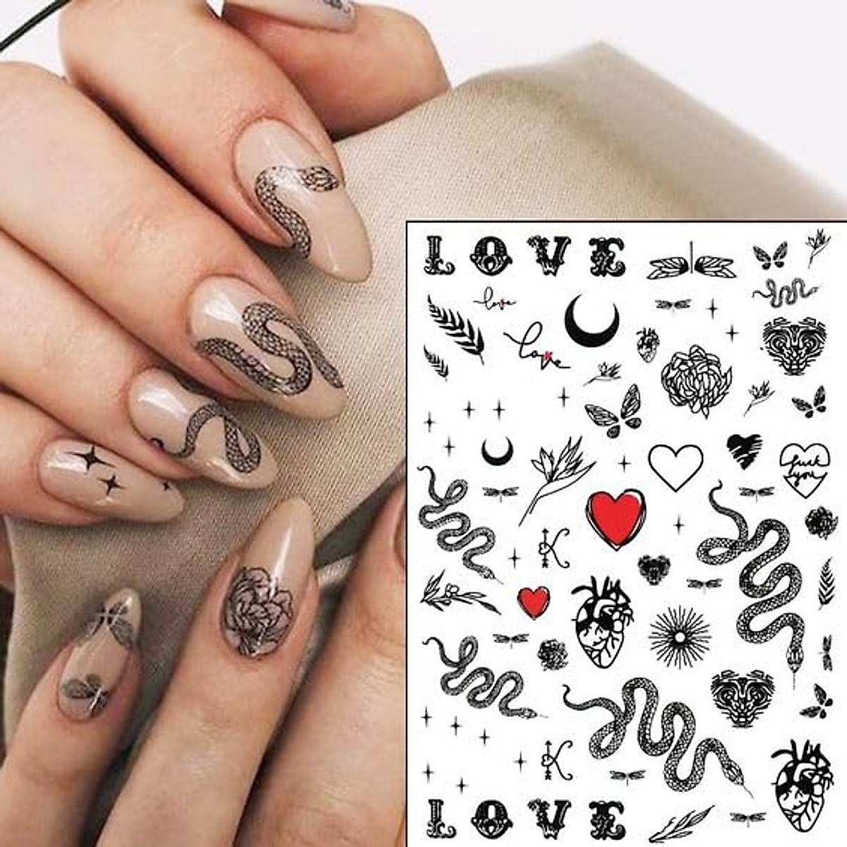 5 Sheets Black Snake Nail Art Stickers White Black Flower Big Snake Nail Decals Red Love Heart Nail Art Supplies Butterfly Star Moon Leaf Nail Art Design Decoration Accessories for Women Manicure DIY