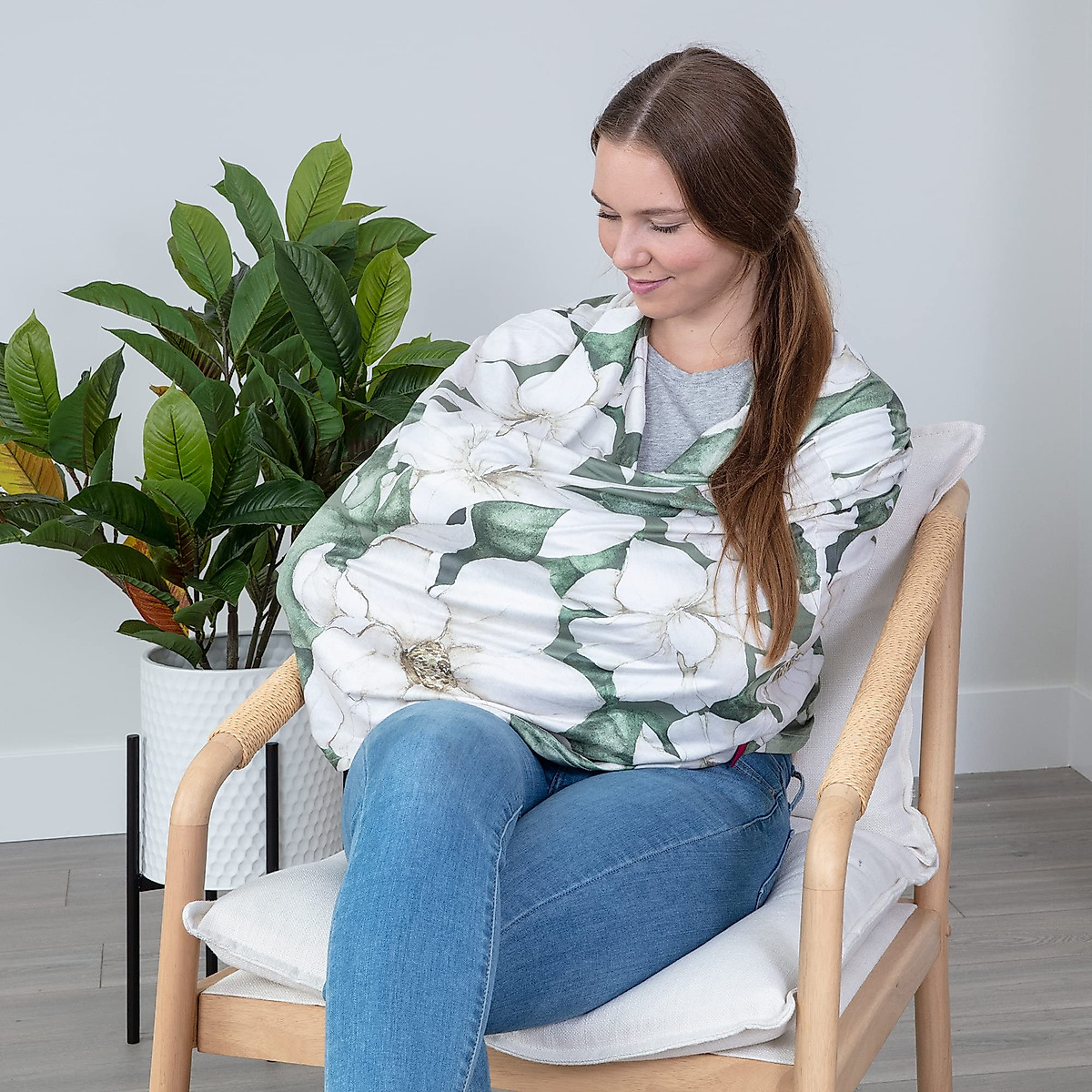 Pobi Baby Premium Multi-Use Cover - Nursing Cover, Baby Car Seat Covers, Shopping Cart, High Chair, and Breastfeeding Cover - Ultra-Soft, Stretchy, Floral Scarf for Baby and Mom (Zephyr Magnolia)