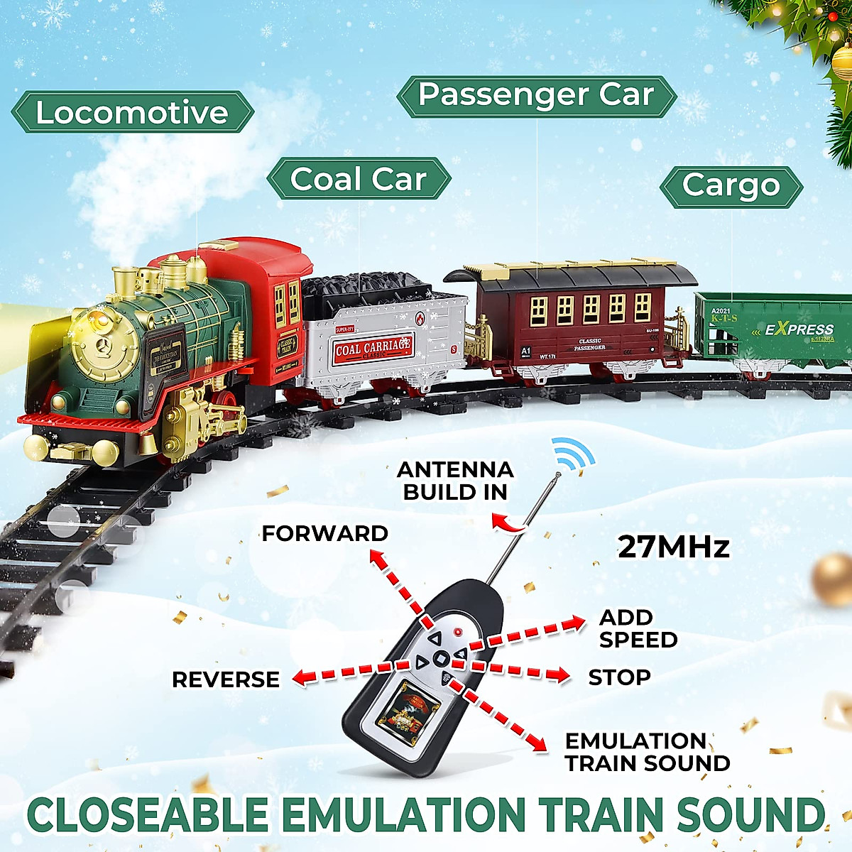 Train Set for Boys Girls, Christmas Electric Train Set with Steam, Sound & Light, Remote Control Train Toys w/Steam Locomotive Engine, Cargo Cars for Kids Boys 3 4 5 6 7 8 Year Old (M, Christmas)