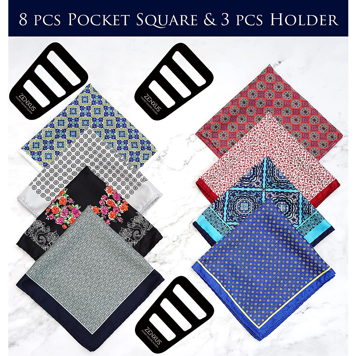 ZENXUS Printed Pocket Squares 8-Pack, plus 3 Folds Holder, Penetrating Printed Men's Handkerchiefs, Sewn by Hand