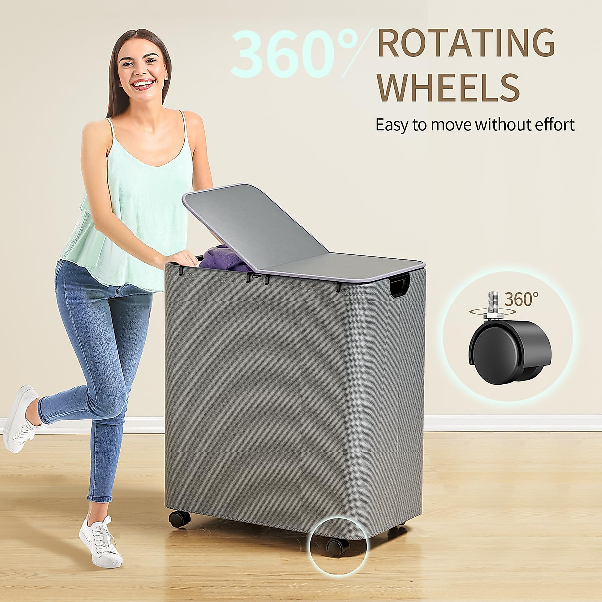 Yecaye 150L Laundry Hamper with Wheels, Rolling Laundry Basket with Lid and 2 Removable Laundry Bag, Large Capacity Clothes Hampers for Laundry, Bedroom, Bathroom, Dorm, Laundry Room, Grey