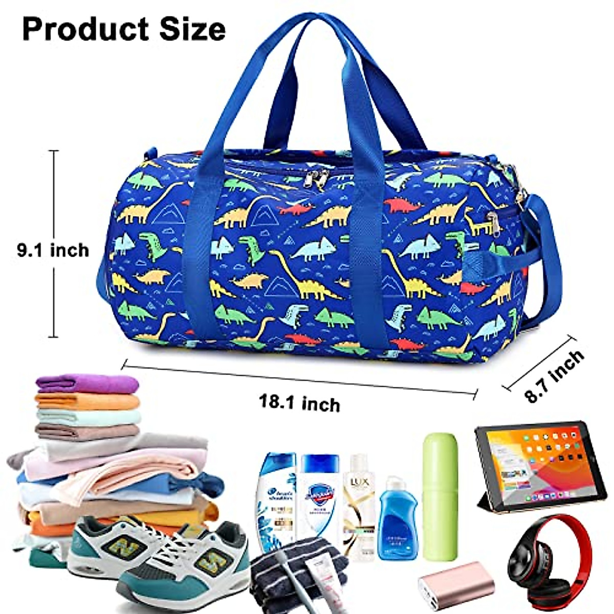CAMTOP Kids Duffel Overnight Bag Boys Girls Weekender Carry-On Personalized Tote for Travel Gym Sport (Dinosaur-Dark Blue)