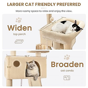 SHA CERLIN 65in Larger Cat Tree Tower Condo for Indoor Cats, Multi-Level Furniture Activity Center with Wide Base/Cozy Plush Cat Perches/Baskets/Sisal Scratching Posts and Hammock/Beige