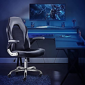 ZUNMOS Home Gaming Ergonomic Office Flip-up Armrest and Height Adjustable Desk Splicing PU Leather Computer Chair with Lumbar Support, Grey