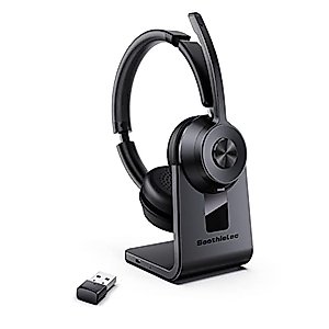 Bluetooth Headset V5.1, Wireless Headset with Noise Canceling Microphone, 40 Hrs Work Time Office Headset with Bluetooth Dongle & Charging Base, AptX HD On-Ear Headphones with Mute Button