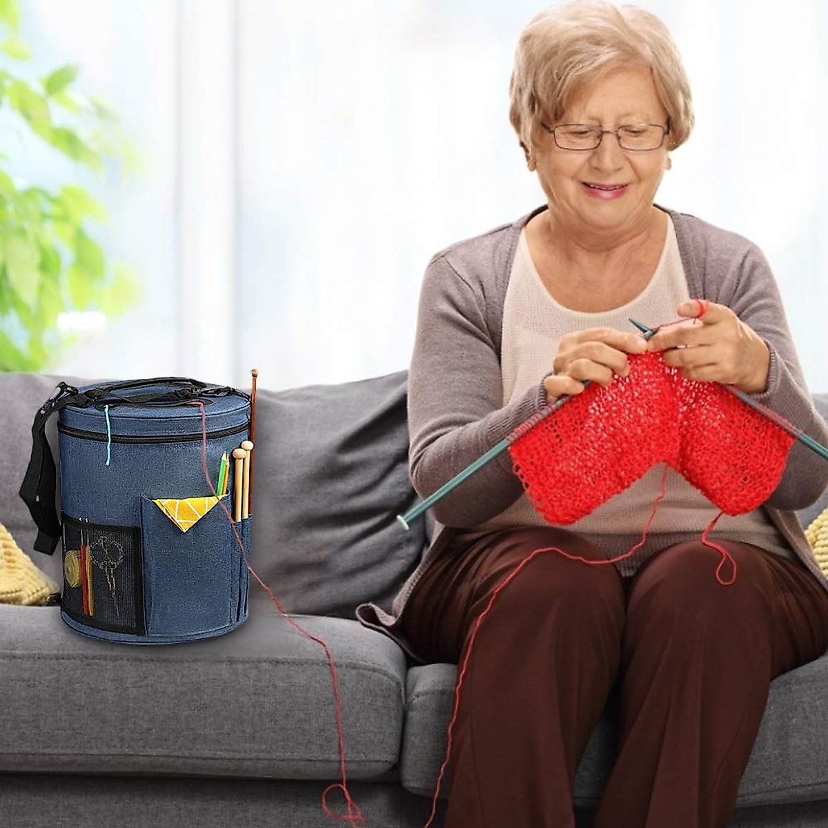 SumDirect Knitting Bag, Yarn Organizer Tote Bag Portable Storage Bag for Yarns, Carrying Projects, Knitting Needles, Crochet Hooks, Manuals and Other Accessories (Blue)