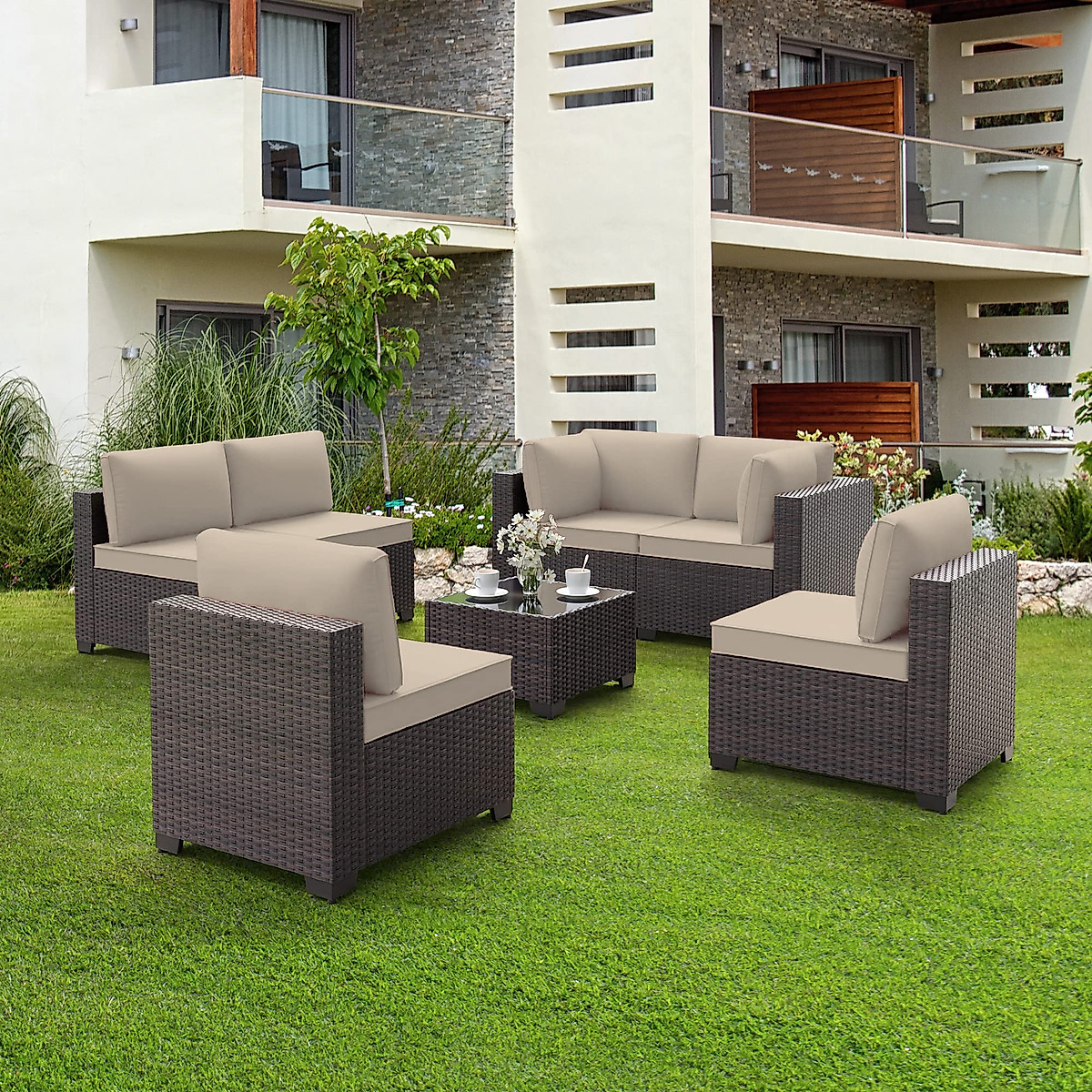 Grezone Patio Furniture Set 7 Piece Outdoor Wicker Sectional Sofa - All Weather PE Rattan Couch Conversation Set with Cushion & Glass Top Table for Backyard Deck Porch,Beige