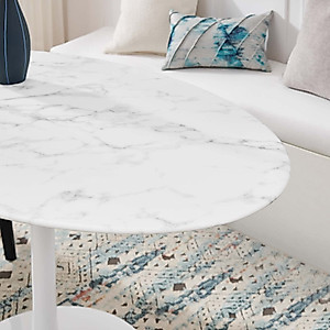Modway Lippa 54" Oval-Shaped Mid-Century Modern Dining Table with Artificial Marble Top and White Base