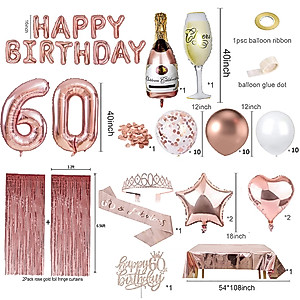 60th Birthday Decorations Women - Rose Gold 60 Birthday Decor for Her, Happy Birthday Banner, Table Cloth, Cake Topper, Bday Sash, Crown, Balloons Set for Sixty Years Old Party Supplies
