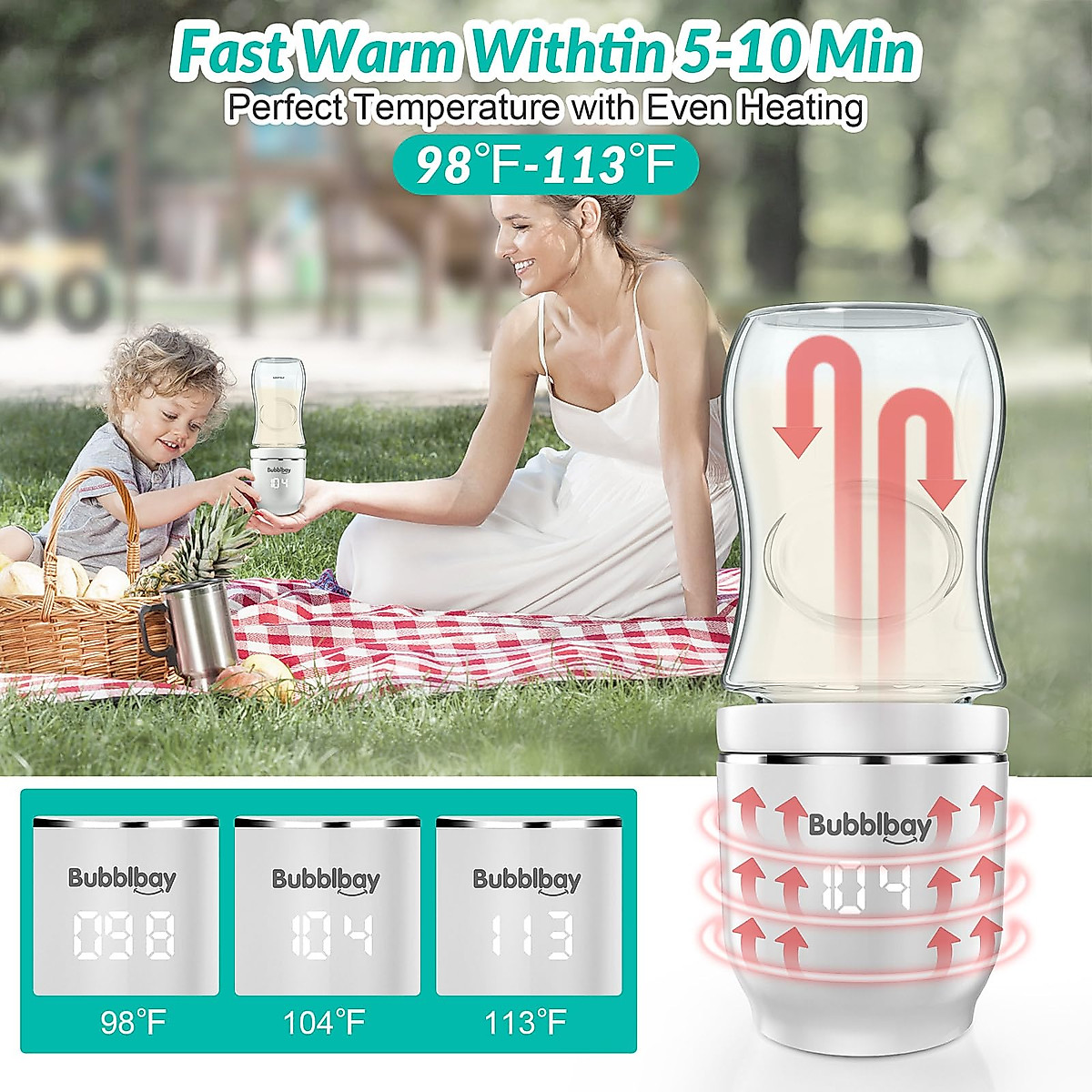 Bubblbay Portable Bottle Warmer,104° Digital Thermostat Baby Bottle Warmer with Upgraded 5 Adapters Leak-Proof Design,Wireless LED Display Travel Bottle Warmer for Breastmilk or Formula