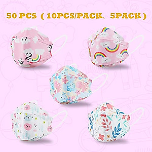 PLAY X STORE 50 PCS Kid Girls'Multicolored KF94 Face Masks with Nose Clip, 4-Ply Breathable Disposable Mouth Masks with Adjustable Earloop for Girls (5 Color with Pattern)