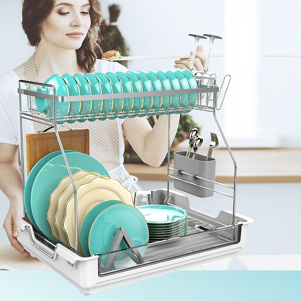 EMT ETRENDS Large Capacity Dish Drying Rack,Rust Resistant Dish Rack for Kitchen, Compact and Foldaway Dish Drainer with Removable Drainboard, Utensil/Cutlery Holder , Plastic, White