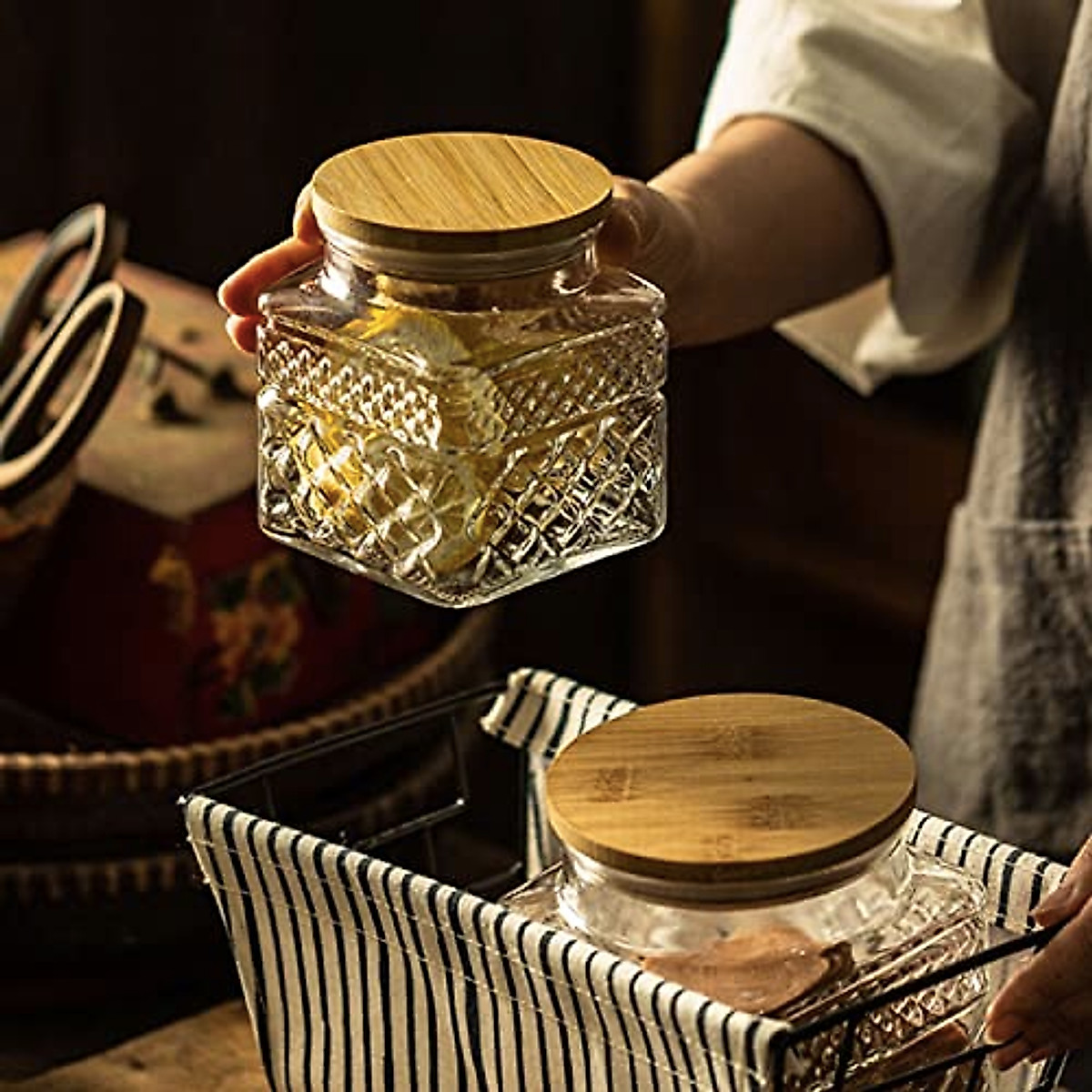 LUCKTE Vintage Glass Jar with Airtight Bamboo Lids Food Storage Container for Candy Snack Cookies Coffee Tea Nuts Kitchen Containers Cereal Canisters