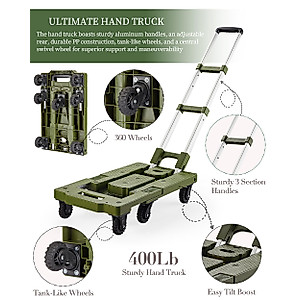 UPWOIGH Folding Hand Truck,400 lb Heavy Duty Cart,Multifunctional Hand Cart,Green Portable Folding Luggage Cart with 7 Tank Wheels and 2 Bungee Cords,Ideal for Moving, Traveling,Shopping and Camping