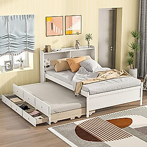 Bellemave Full Bed with Trundle & Storage Drawers Wood Captain's Bed Frame with Bookcase Headboard & Slat Support for Kids Boys Girls Teens, Full Size, White