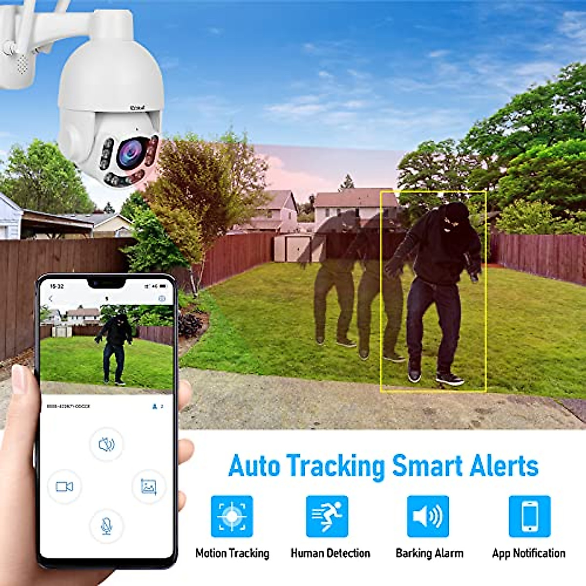 JideTech 5MP PTZ WiFi Camera Outdoor,5X Optical Zoom Camera with Auto-Tracking,200ft Night Vision, 2-Way Audio, Motion Detection Alarm, IP66 Waterproof, 128G SD Card Slot