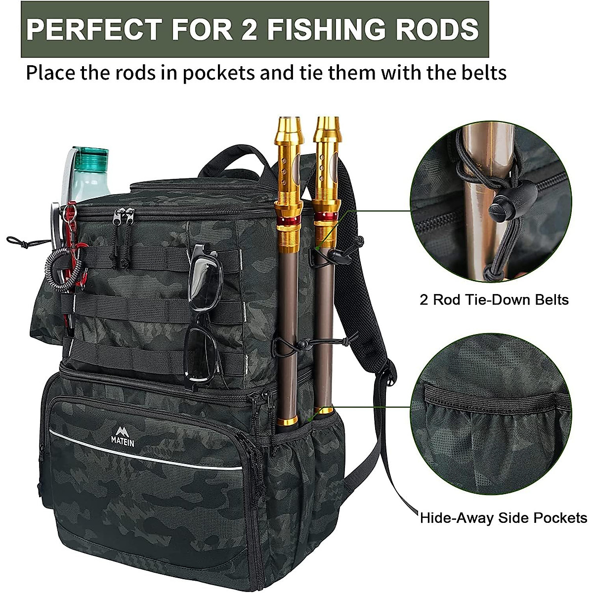 MATEIN Fishing Backpack Tackle Box, Water Resistant Fishing Storage Bag with Rod Holders & Cooler, Fishing Gear Gifts for Men