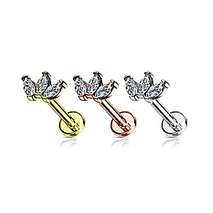Pierced Owl 16G Stainless Steel Internally Threaded Triple Marquise CZ Crystal Top Flat Back Lip Cartilage Tragus Stud (Gold Tone, 8mm Barbell)