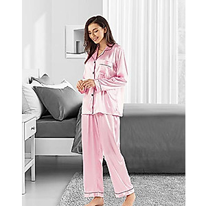 GAESHOW Women Silk Pajamas Set Long Sleeve Ladies Satin PJ Sets Button-Down Pajama Sleepwear Loungewear S~XL Pink