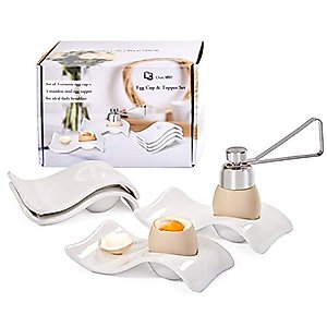ChasBete Ceramic Egg Cup, Egg Cups for Soft Boiled Eggs, Soft Boiled Egg Holder 4 + 1 Egg Topper Cutter Soft Boiled Egg Cups Set