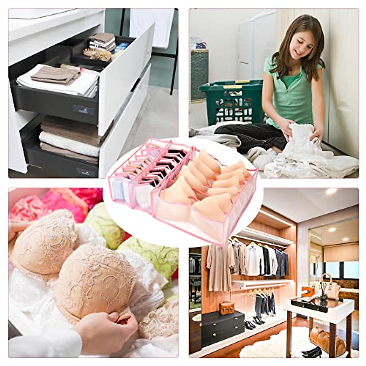 Mantuos Underwear Drawer Organizers Dividers, 3 PCS Wardrobe Organizer, Fabric Storage Boxes Bins for Bedroom, Desk Drawer Dividers Organizer for Clothes Bras Socks Ties Scarves, Draw Organizer Trays (Pink)