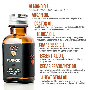 Beardoholic Premium Quality Beard Oil and Leave-in Conditioner, Softener - 100% Pure Organic Natural, Light Cedar Scent - Beard Growth and Stops Itchiness - Jojoba and Argan Oil