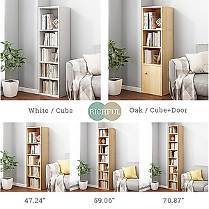 IOTXY Small Narrow Corner Bookcase - 59 Inches Tall Gap Freestanding Storage Cabinet, 7 Lattices Open Shelves Tower Rack, Cubes Bookshelf in Oak