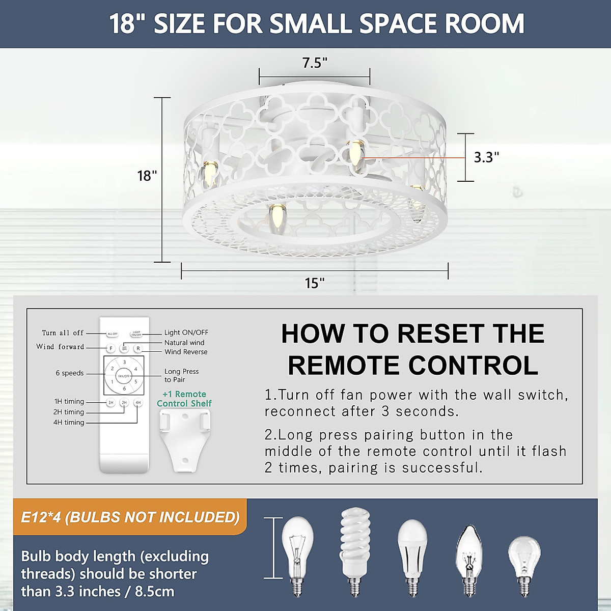 Coolbull White Caged Ceiling Fans with Lights and Remote Outdoor Enclosed Bladeless 18 Inch Low Profile Flush Mount Fixture Small Fandelier LED Ceiling Fan Light for Kitchen Farmhouse Bedroom