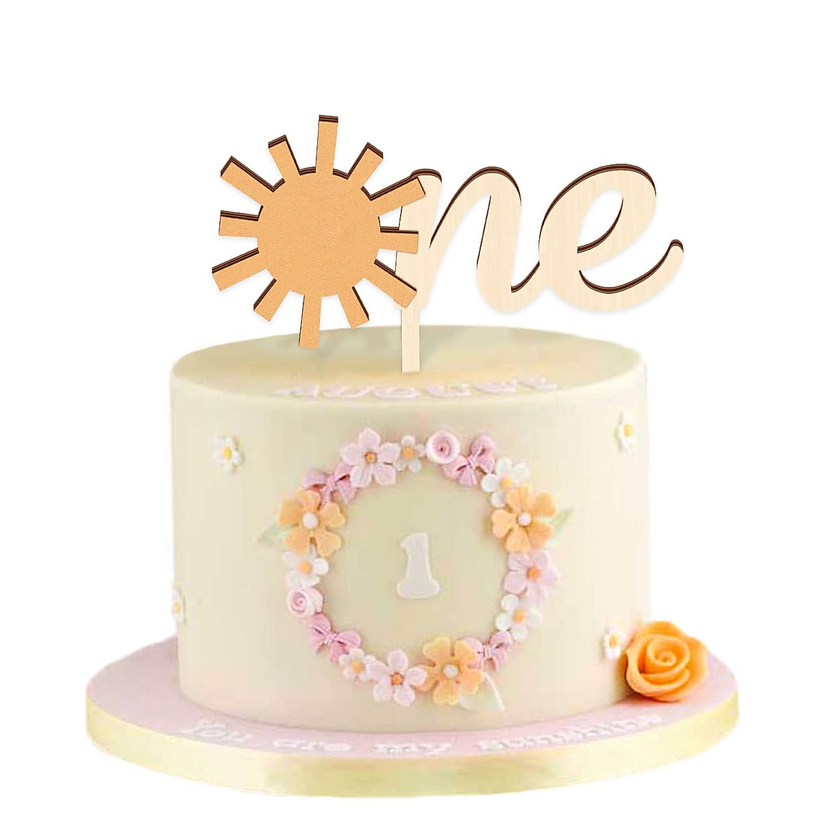 Sun One Cake Topper 1st Birthday Cake Decoration, 6.4'' x 7'' One Year Old Wooden Sun Cake Topper First Trip Around the Sun You Are My Sunshine Cake Smash Photo Booth Props B-day Bar Party Supplies