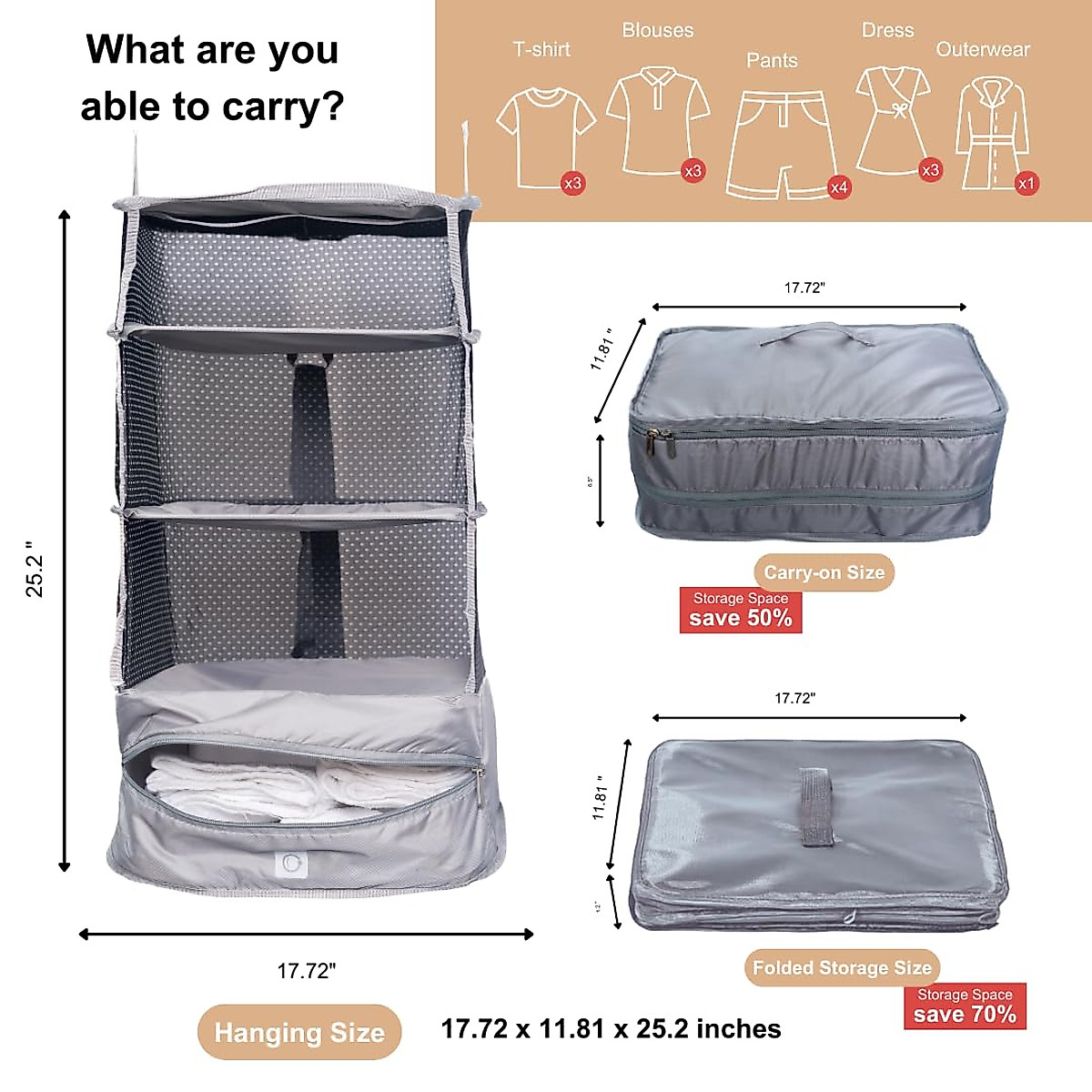 S3 THE BRAND Hanging Luggage Organizers for Suitcase - Collapsible Packing Cubes with Shelves Made for Easy Traveling, Great Organization System, Carry-on Luggage Closet - Large