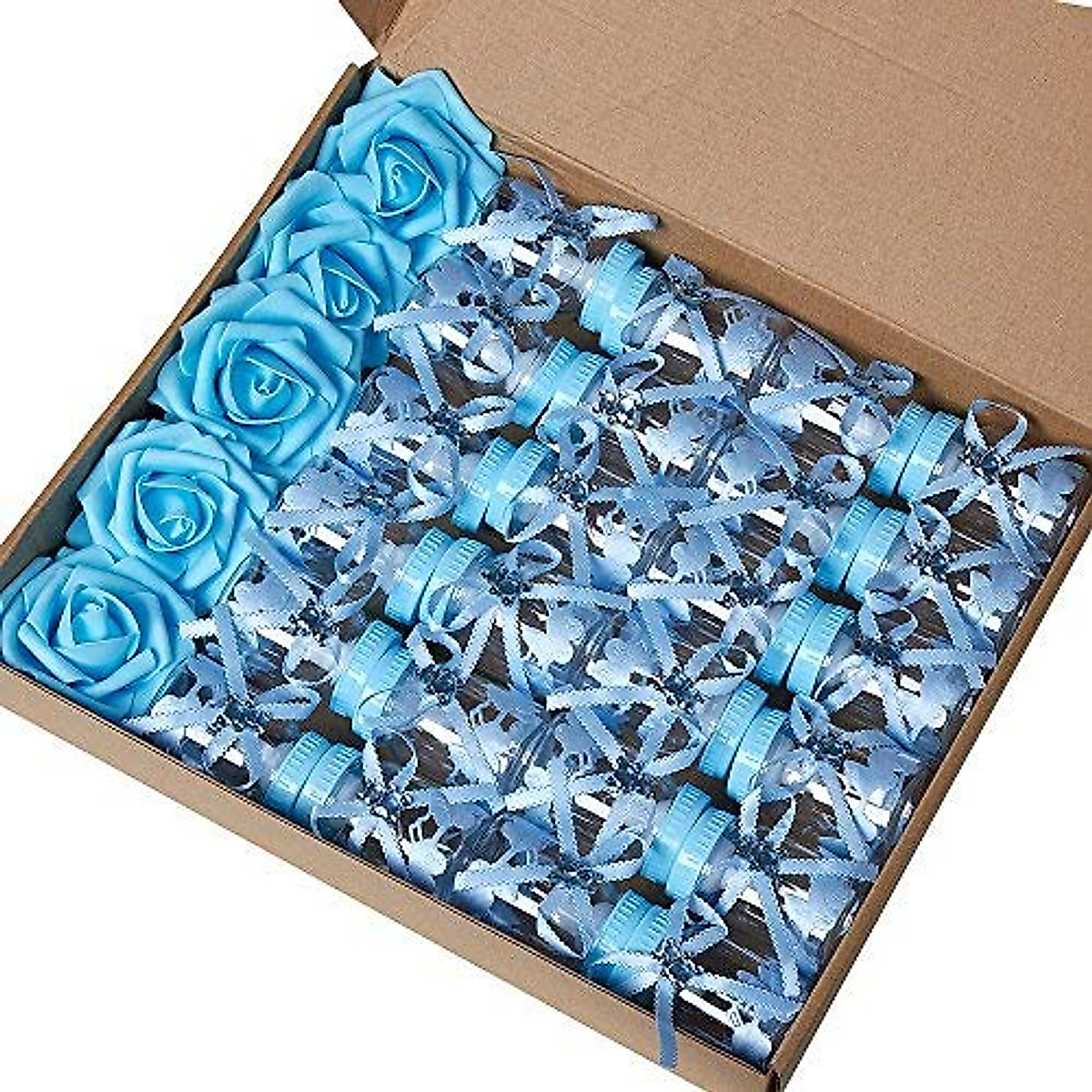 MACTING 2 Dozens 3.5 Inch Feeding Bottle Candy Box with 5 PCS Artificial Flower Rose for Guest Gifts Table Centerpieces Baby Shower Favor Decorations(Blue)