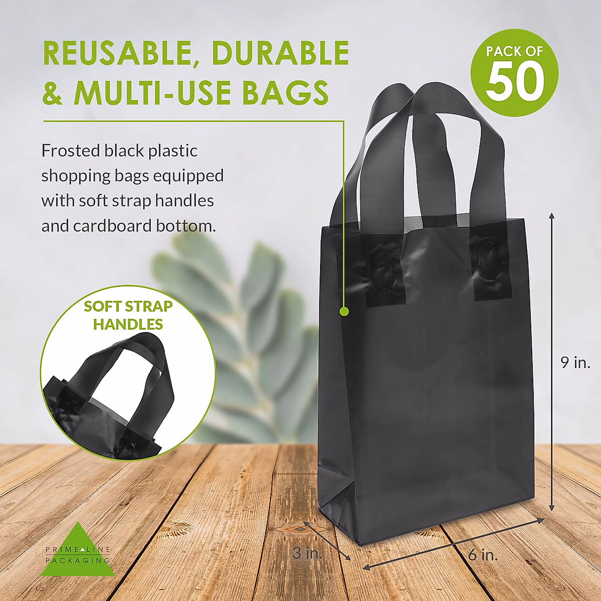 Prime Line Packaging Plastic Gift Bags with Handles, Shopping Tote for Small Business, Black Frosted, Retail, Boutiques, To Go, Party, 6x3x9 100 Pack