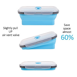 Annaklin Collapsible Food Storage Containers with Airtight Lid & Vent Valve, 27 oz, Kitchen Stacking Silicone Collapsible Meal Prep Container Set for Leftover, Microwave Freezer Safe, Blue, Set of 4