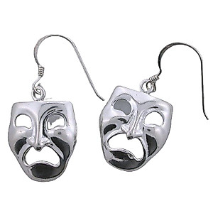 Pair Greek Drama Comedy Tragedy Mask Dangle Earrings .925 Pure Sterling Silver