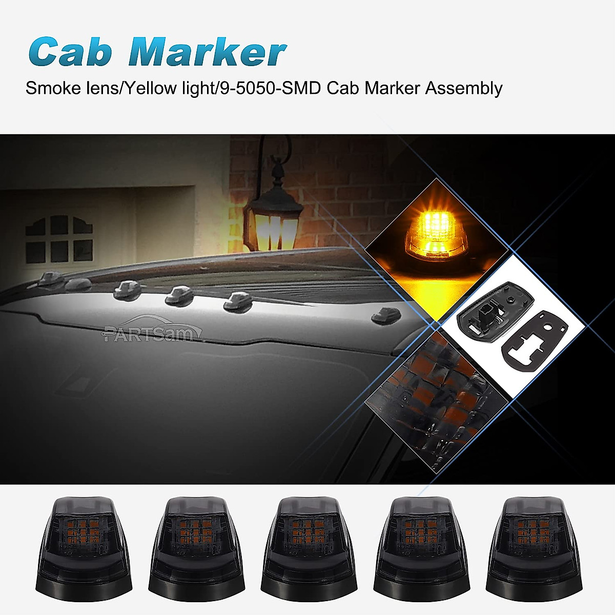 Partsam 5Pcs for F250 F350 F450 Smoke Cab Lights Amber LED Cab Marker Roof Running Top Clearance Lights Assembly Compatible with Ford F-250 F-350 F-450 F-550 Super Duty 2017-2021 264343BK