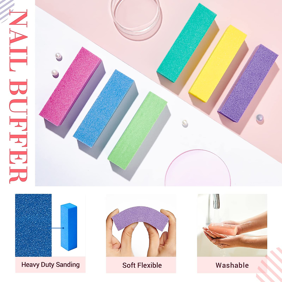 AZUREBEAUTY Nail Files and Buffers, 12Pcs Professional Dip Powder Manicure Tools Kit, 6 Pcs Double Sided 100/180 Grit Nail Files & 6Pcs Rectangular Nail Buffer Block Random Color
