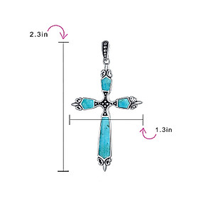Bling Jewelry Vintage Western Style Spiritual Religious Blue Turquoise Gemstone Fleur De Lis Cross Pendant Necklace For Women Teen Oxidized .925 Sterling Silver