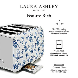 VQ Laura Ashley China Rose Stainless Steel 4 Slice Toaster | Bagels & Bread Toasters 4 Slices Wide Slot with Adjustable Heating & Defrost Mode | Grille Pain 4 tranches with Croissant Warming Rack