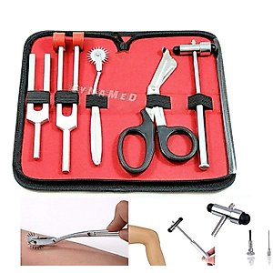 5 Piece Student Diagnostic Kit - Reflex Neurological Buck Hammer And Tuning Fork Set C 128 And C 512. Includes Wartenberg Pinwheel, Premium Steel Bandage Scissor 7.5” Black