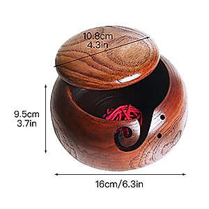 JYCAR 6 Inches Wood Yarn Storage Bowl, Crochet Yarn Handmade Knitting Bowl with Carved Holes and Lid for Knitting and Crochet, 6.3 x 3.7 x 4.3 inch