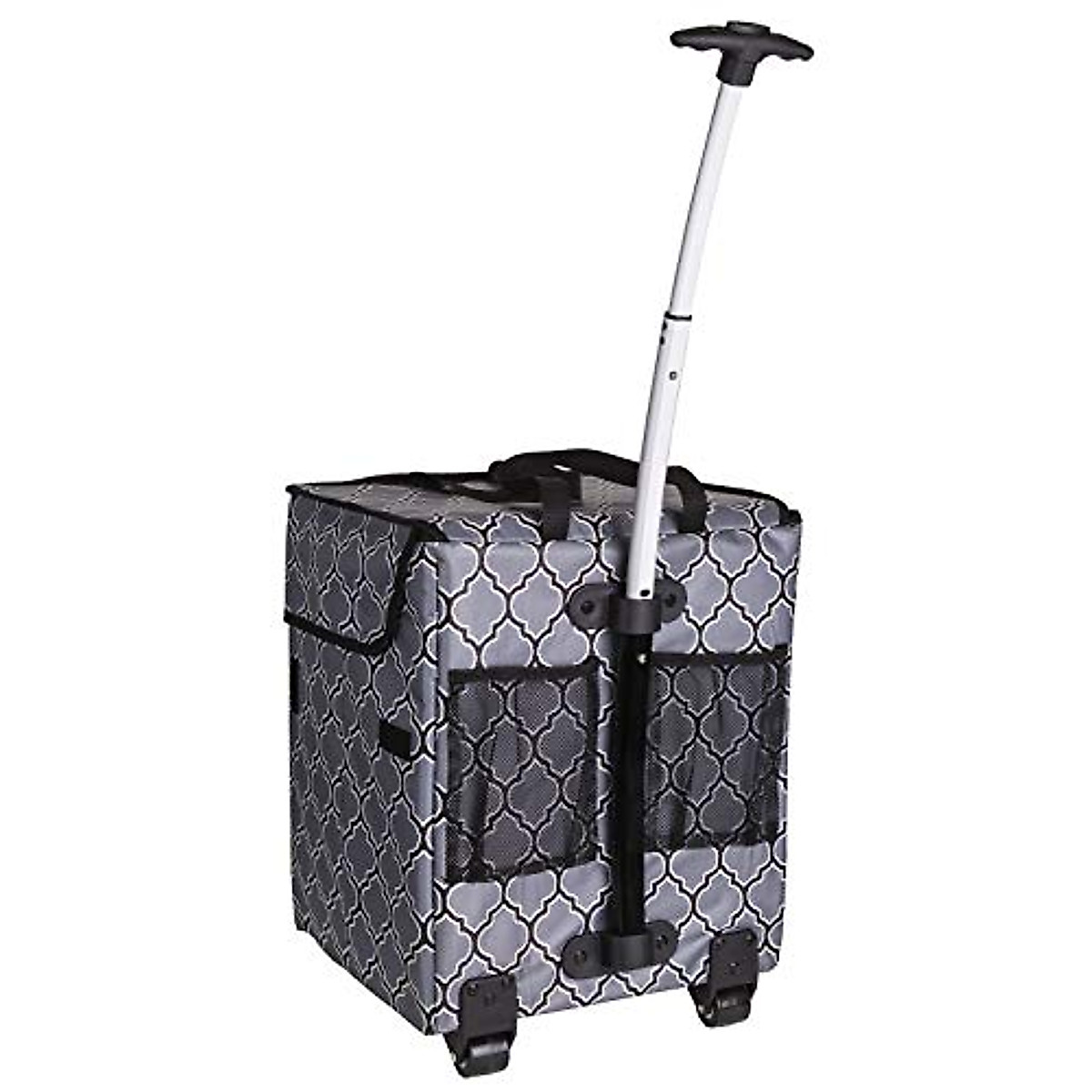 ArtBin 6822AG Rolling Tote, Lightweight Collapsible Art & Craft Storage Tote with Wheels, Retractable Handle, Shoulder Strap, Black/Gray Print